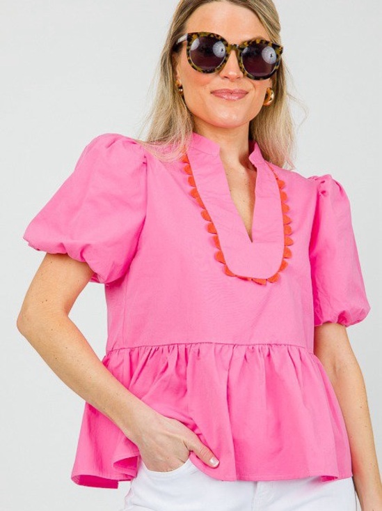 TCEC | Tops | Tcec Cotton Bright Pink Puff Sleeve Peplum Top | Poshmark